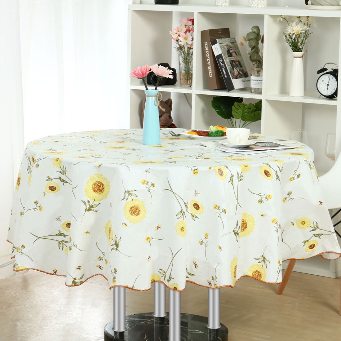 PiccoCasa Vinyl Tablecloth Round 60" Dia Yellow Flower Pattern ...