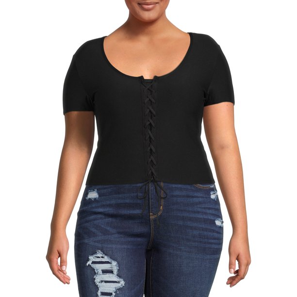 No Boundaries Juniors Plus Size Lace Up Front Top - Walmart.com