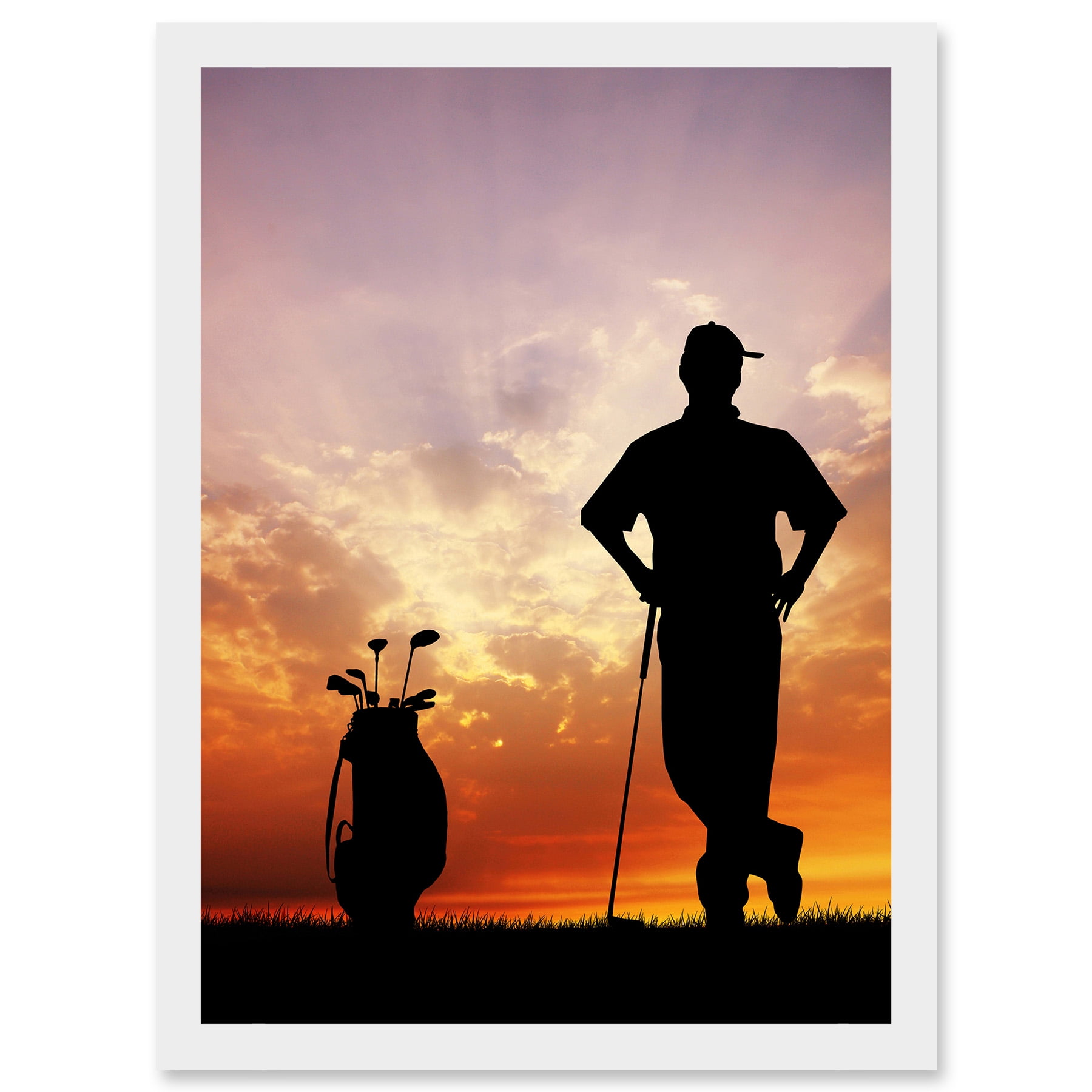 Sport Mock Photo Golf Golfer Silhouette Sunset Artwork Framed Wall Art ...