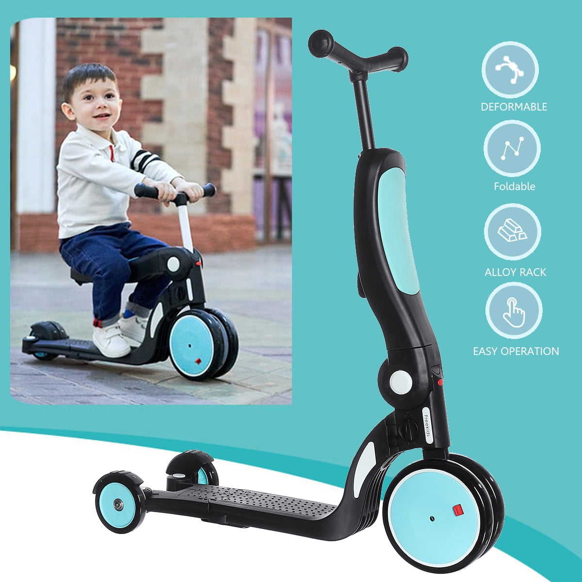 ASEWUN 5 in 1 Scooter for Kids Deluxe Transforming Kick Scooters Walking Car Tricycle for Toddlers with Adjustable Height Best Gifts for Girls Boys Age 18 months to 6 Years Old Walmart