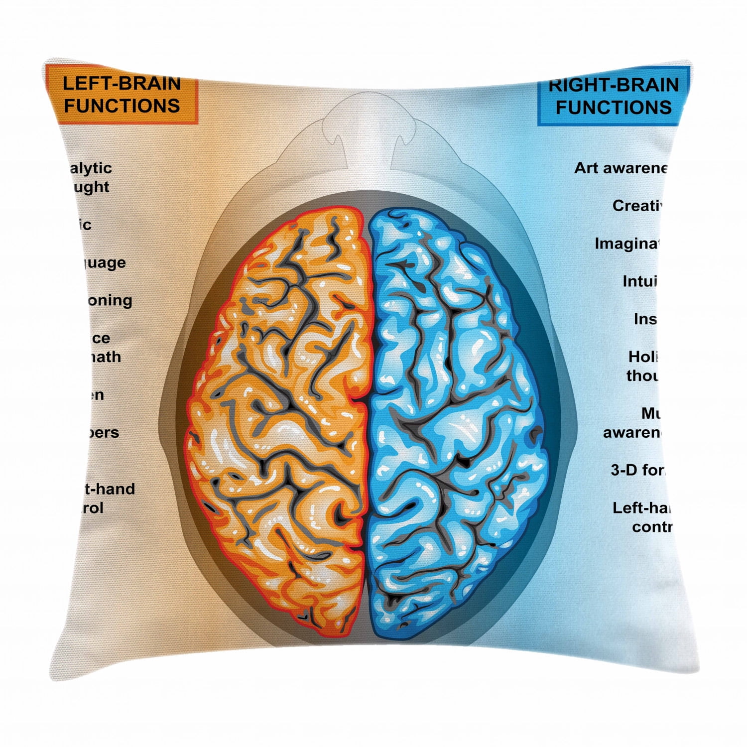 Educational Throw Pillow Cushion Cover, Human Brain Left and Right ...