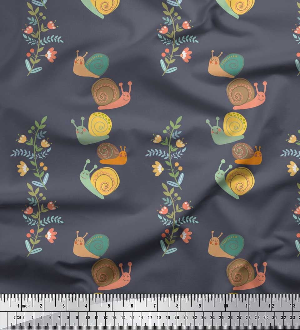 Soimoi Satin Silk Fabric Leaves,Floral & Snail Kids Print Fabric by The ...