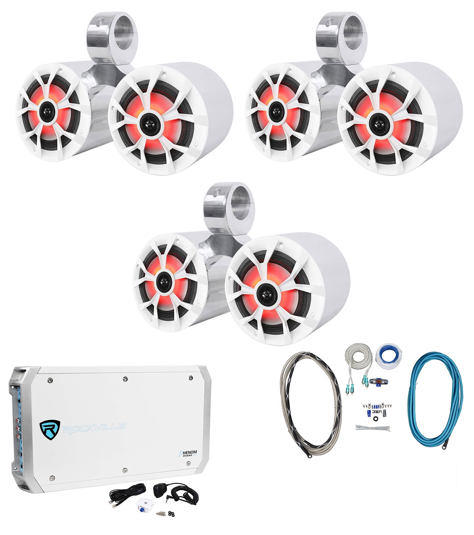 3) Rockville RKL65MBW Dual 6.5" Marine Wakeboard LED Speakers+Amplifier ...