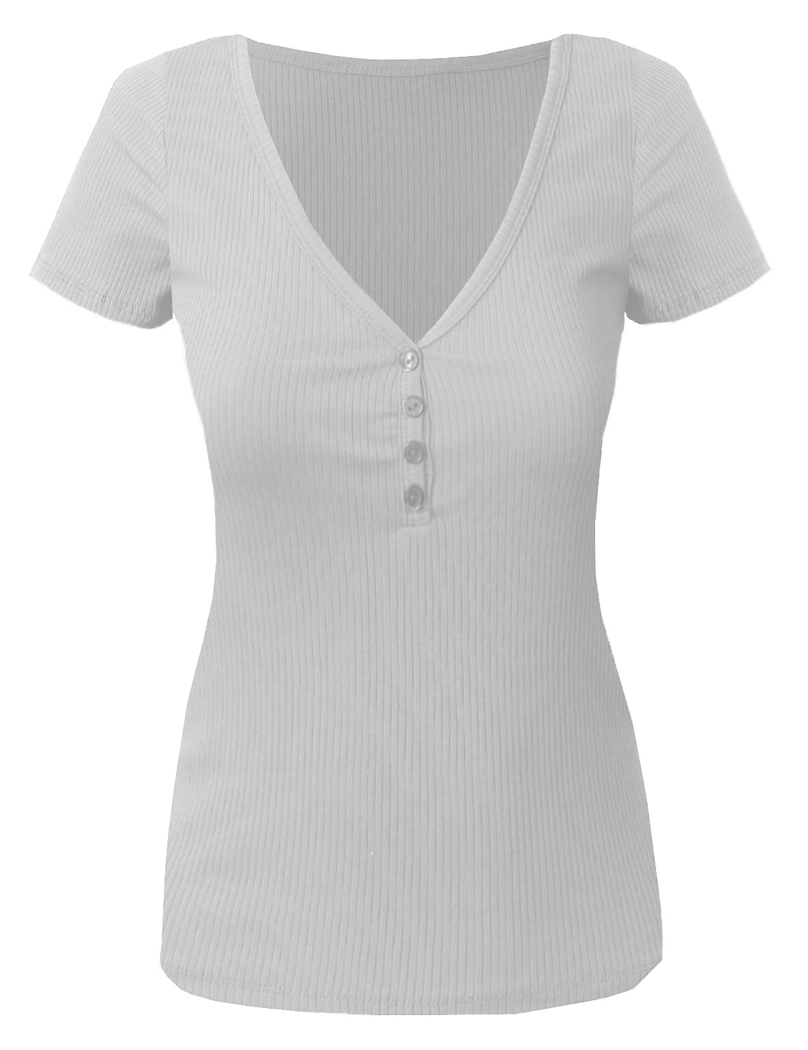 Doublju Womens V Neck Henley Ribbed Short Sleeve Top