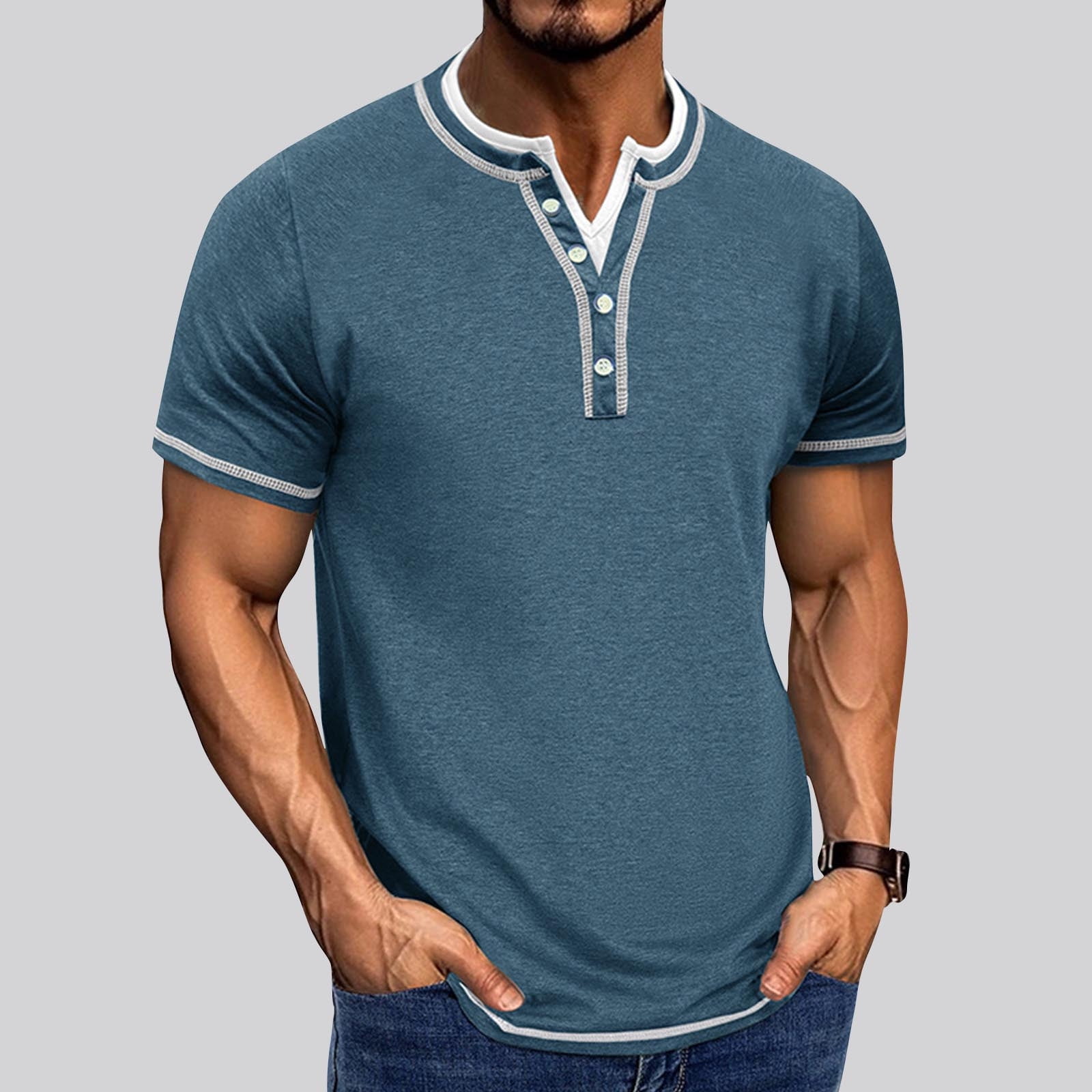 Playeras Elvqul para Hombre de Color Sólido Azul Casuales Manga Corta ...