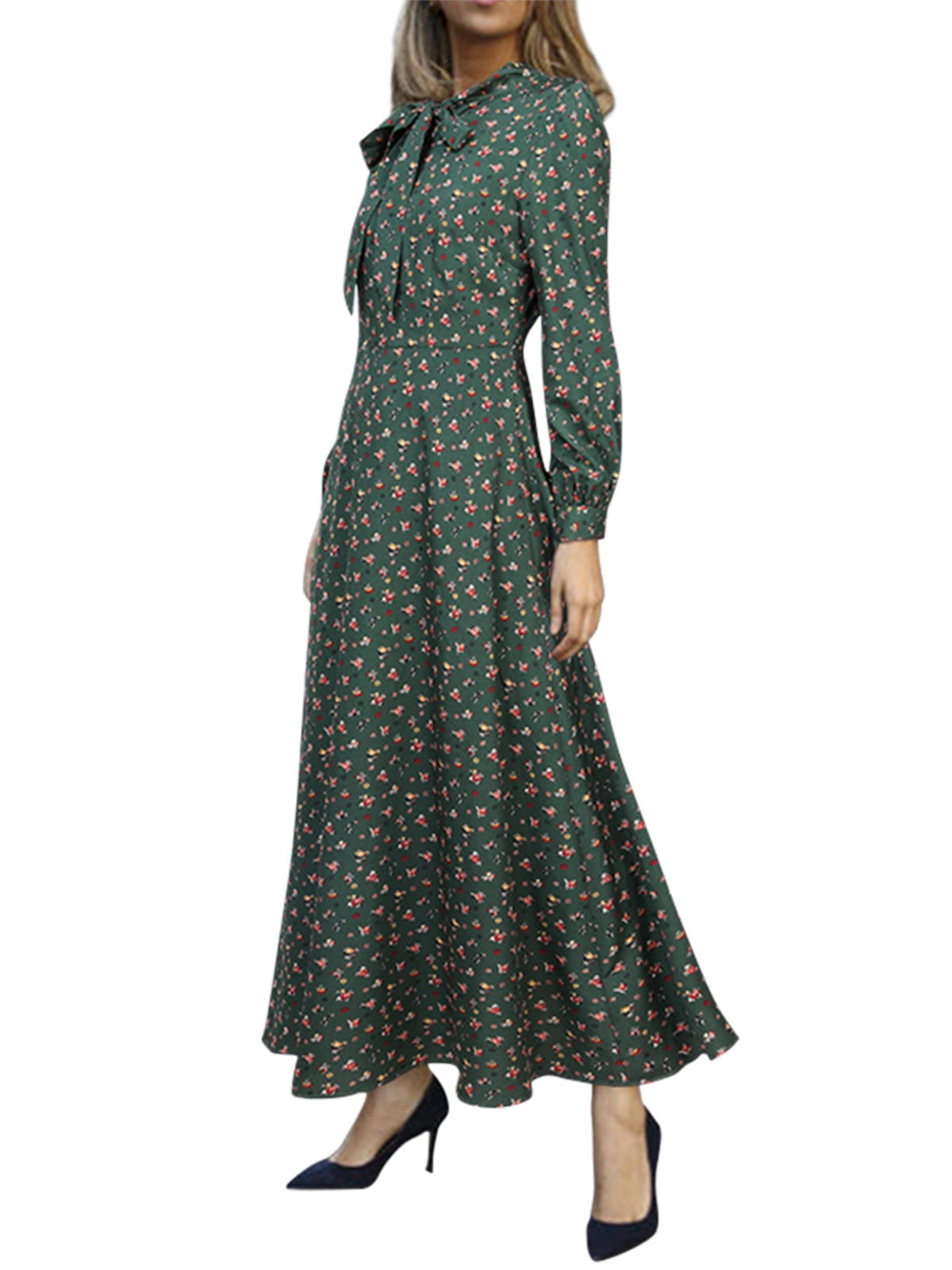 ZANZEA Women Lace-up Long Sleeve Floral Print Dress Hidden Side Zipper ...