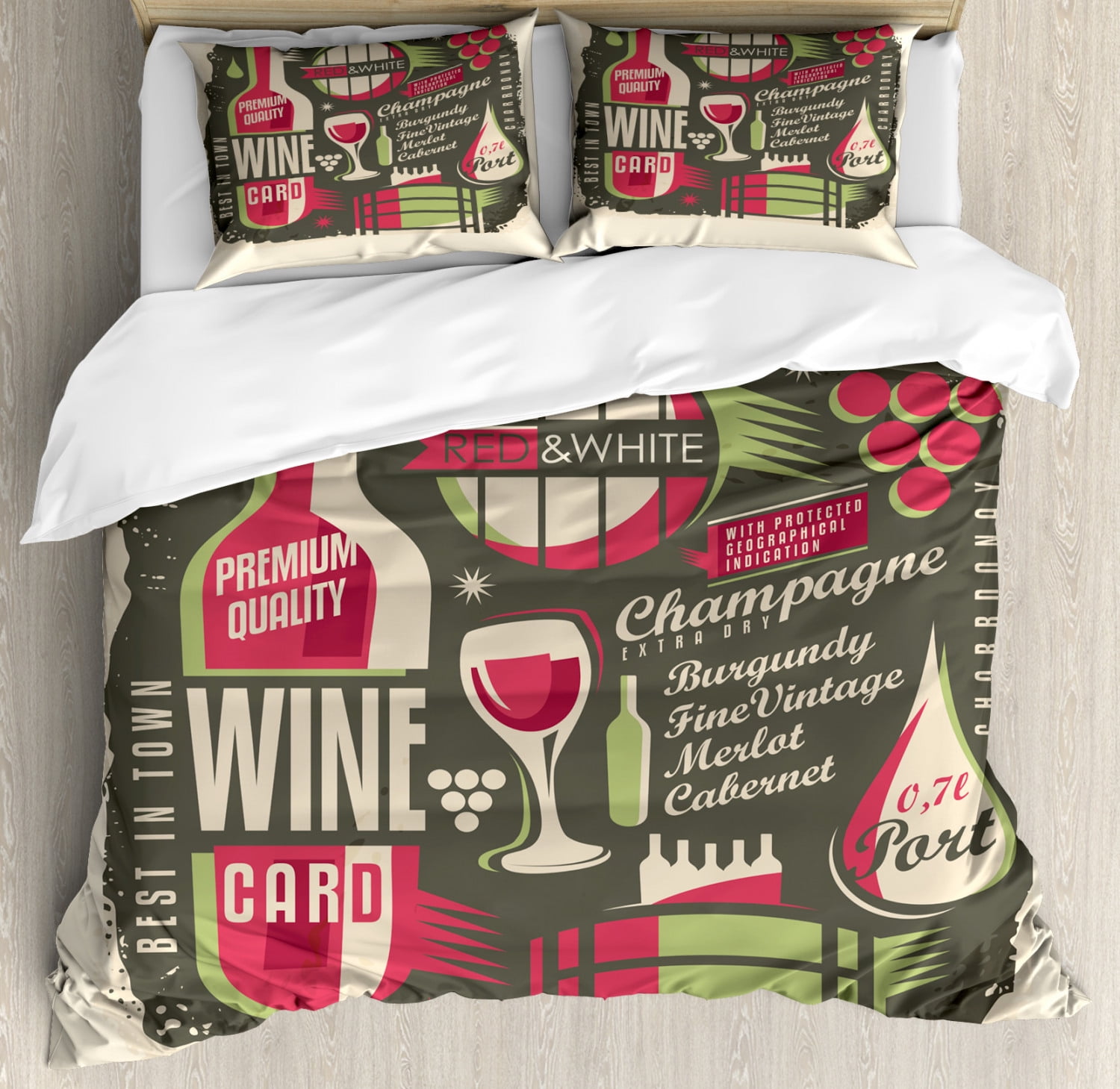 Wine Duvet Cover Set Queen Size, Retro Poster Pattern with Alcoholic ...