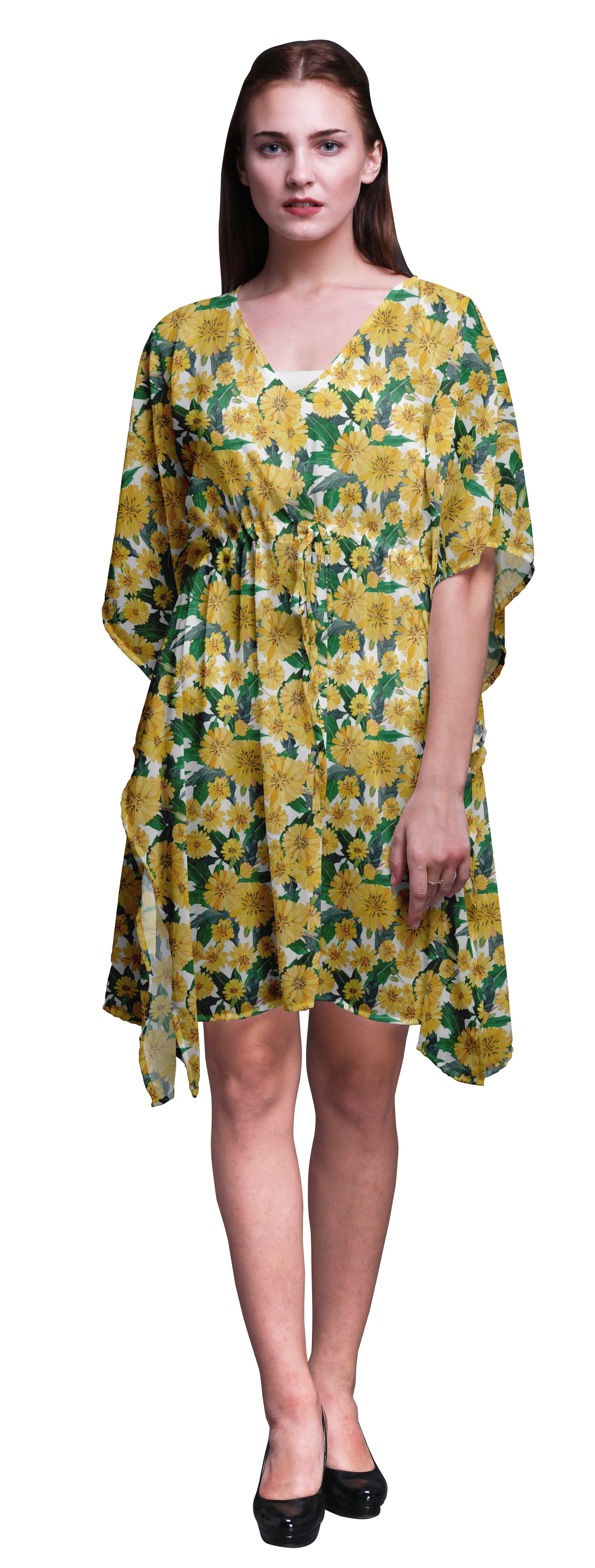 Bimba White4 Floral Leaves & Aster Short Caftan Midi Dress Beach Swimwear Cover up Womens Kaftan ...