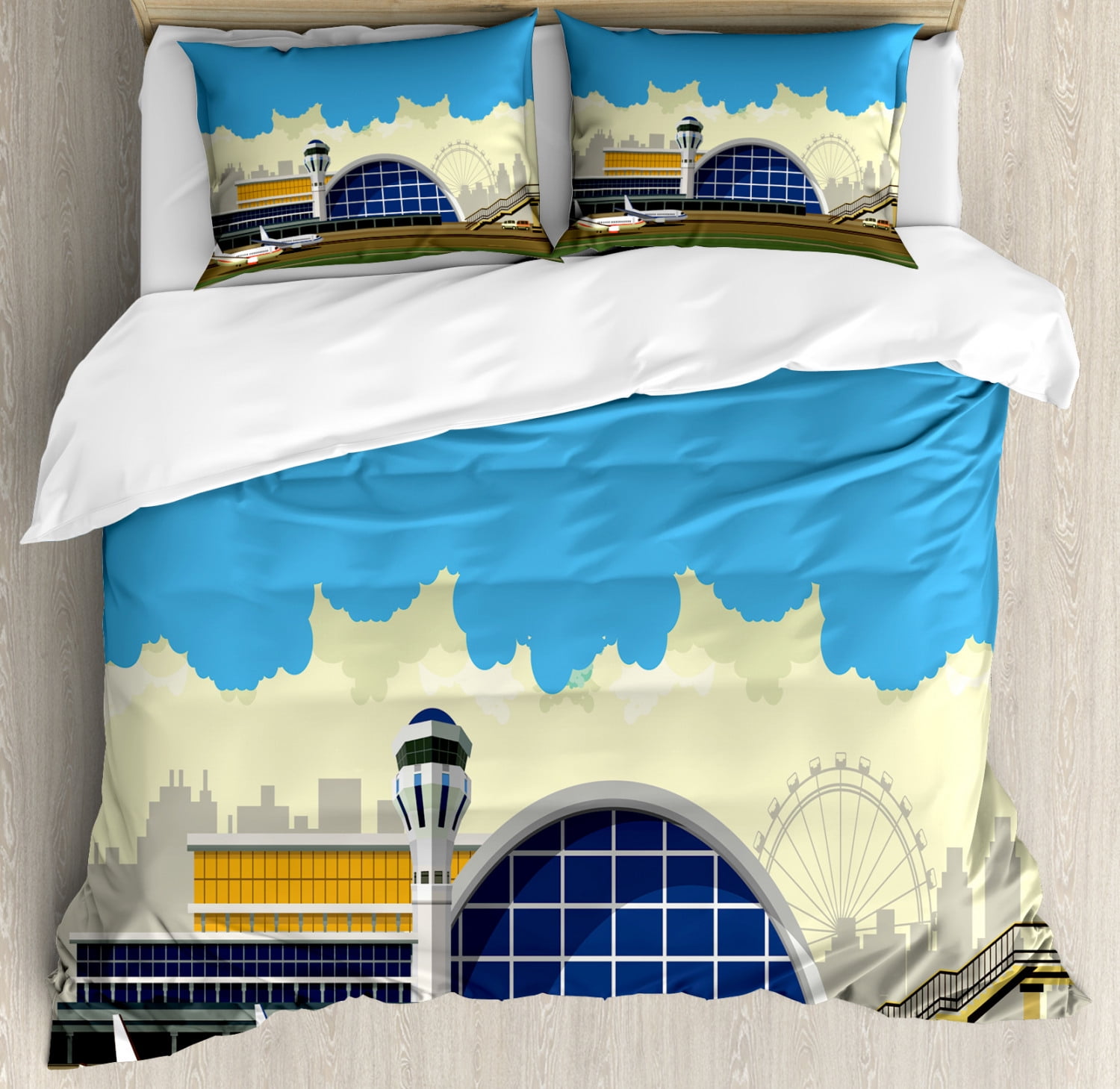 Airport Duvet Cover Set King Size, Cityscape Illustration with Airfield ...