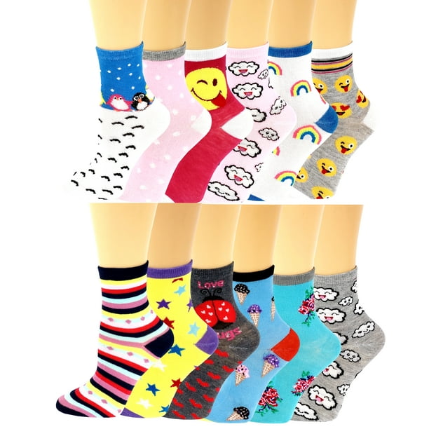 12 Pairs Pack Kids Girls Colorful Creative Fun Novelty Design Crew ...