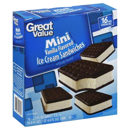 Great Value Mini Vanilla Flavored Ice Cream Sandwiches, 36.8 oz, 16 ...