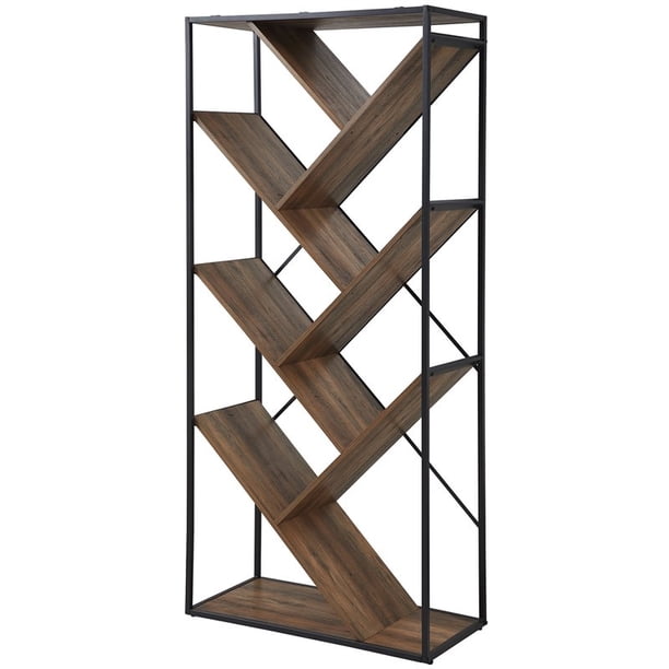 68" Geometric V-Shelves Bookcase with Open Storage in Rustic Oak ...