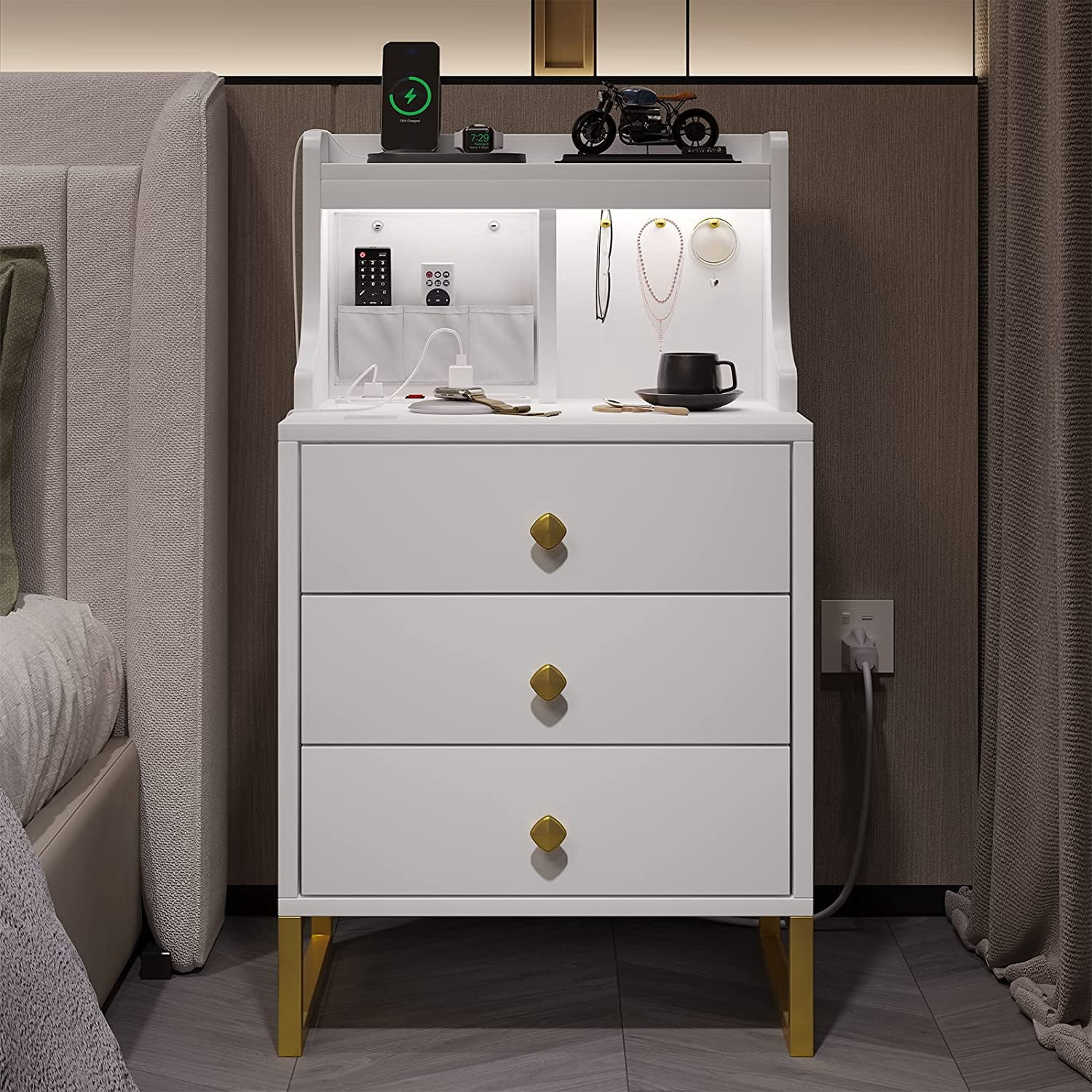 LED Nightstand with Charging Station and Hutch and 3 Drawers, Modern ...