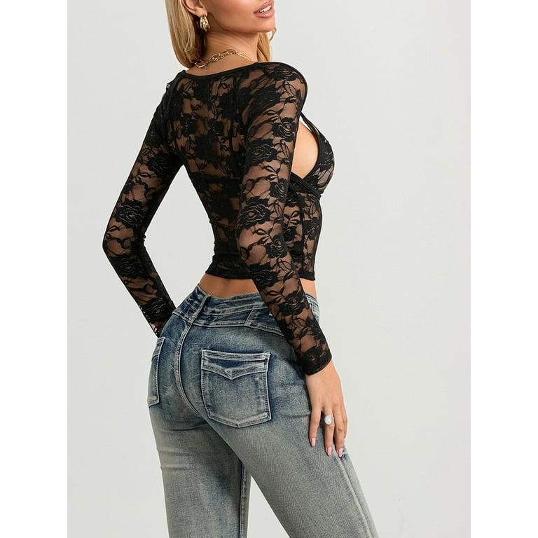 Bangyeer Women's Floral Lace Tops Low Cut Sheer Long Sleeve Bangyeer Women's Floral Lace Tops Low Cut Sheer Long Sleeve