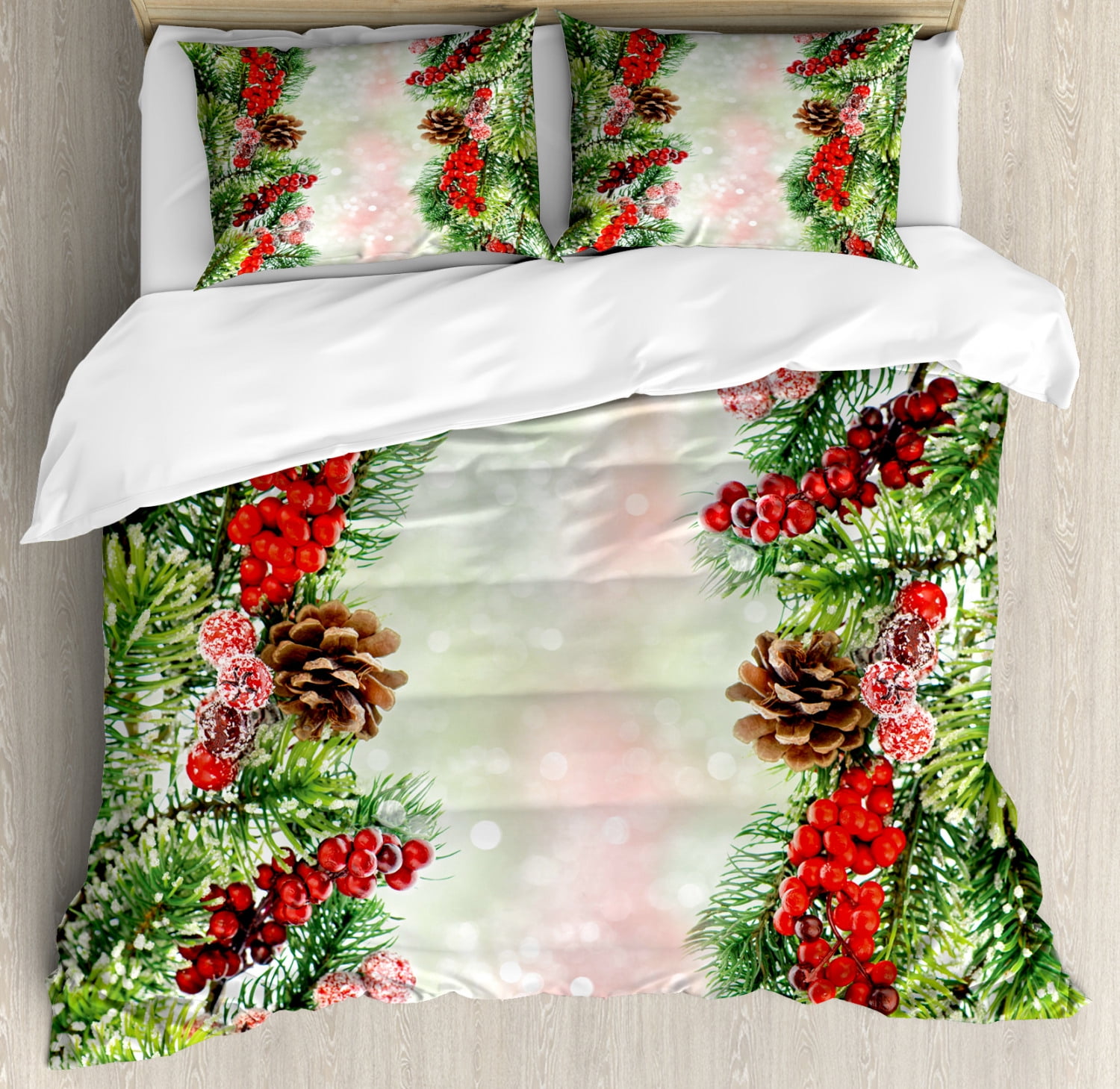 Christmas Duvet Cover Set King Size, Natural Vivid Tree Branch with Red ...