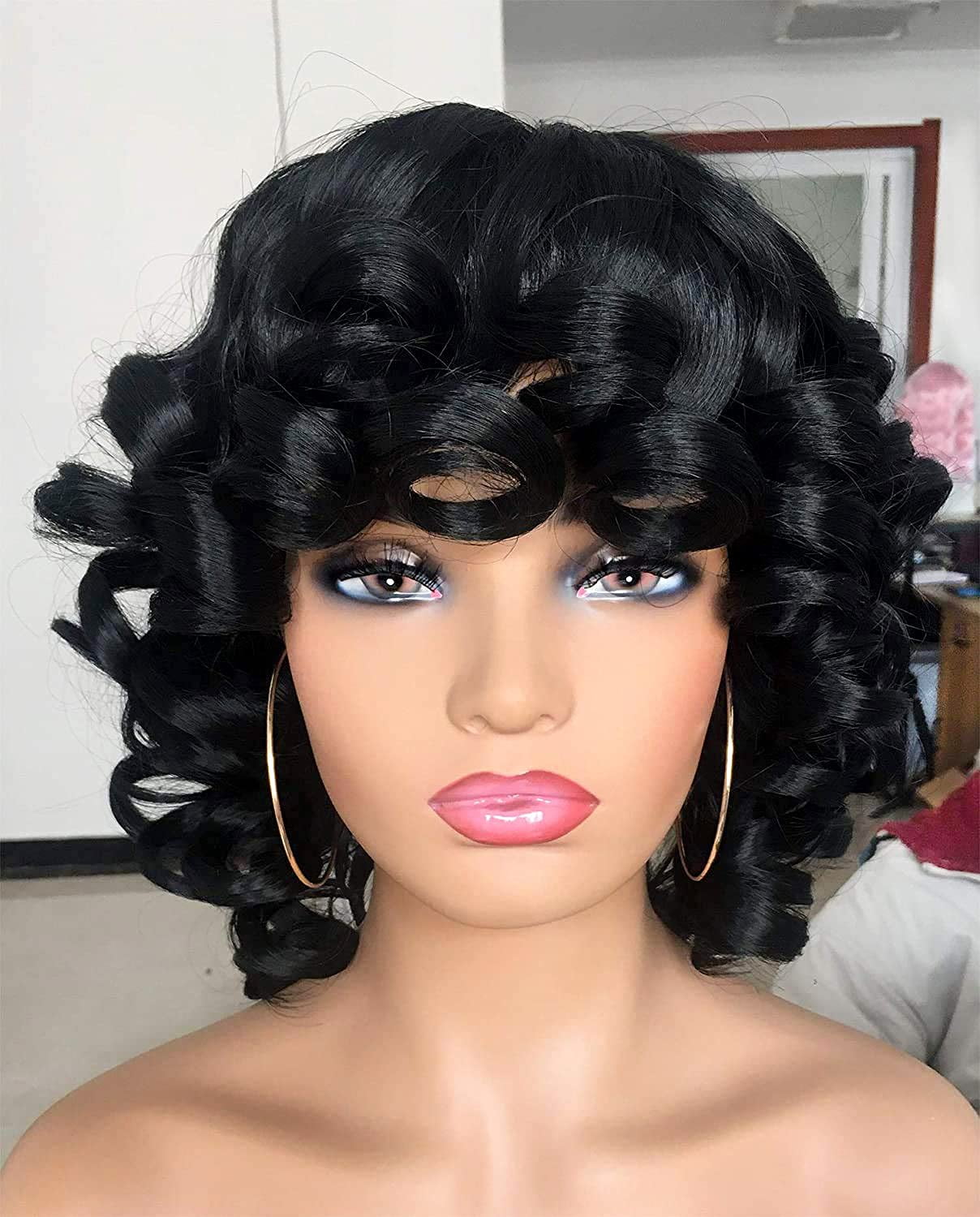 Annivia Short Curly Wig For Black Women Kinky Curly Wigs With Bangs