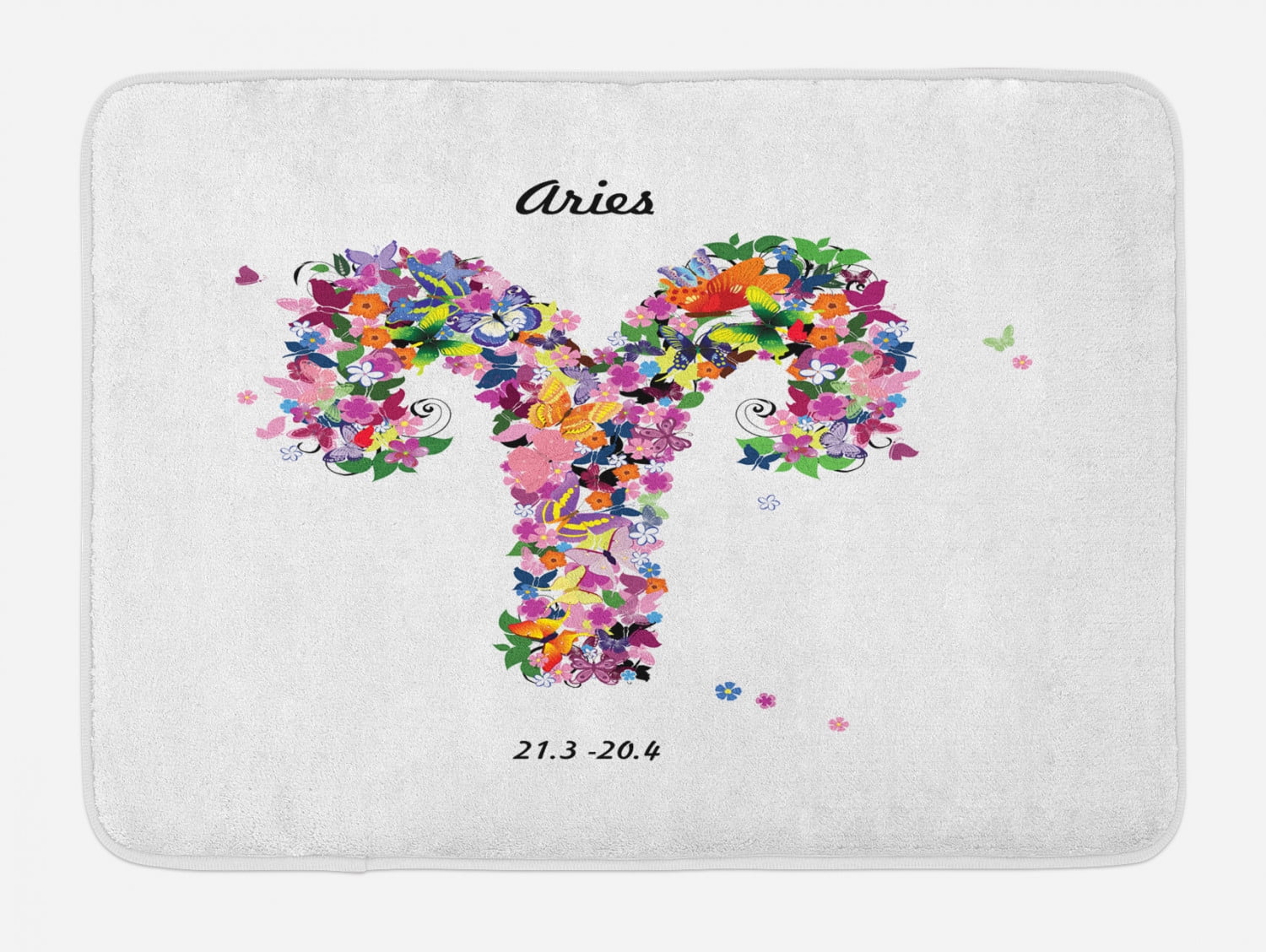 Zodiac Aries Bath Mat, Lively Butterflies and Blooming Flowers as an ...