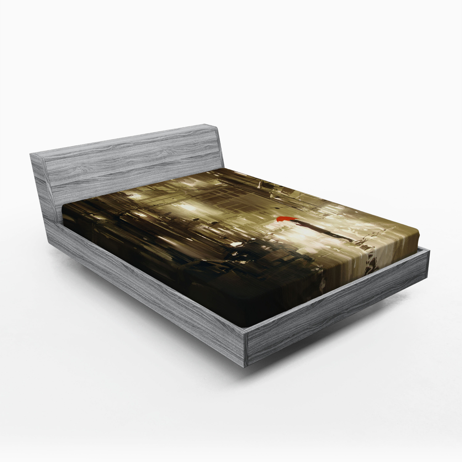 Urban Fitted Sheet, Woman with Red Umbrella in Street at Rainy Night in ...