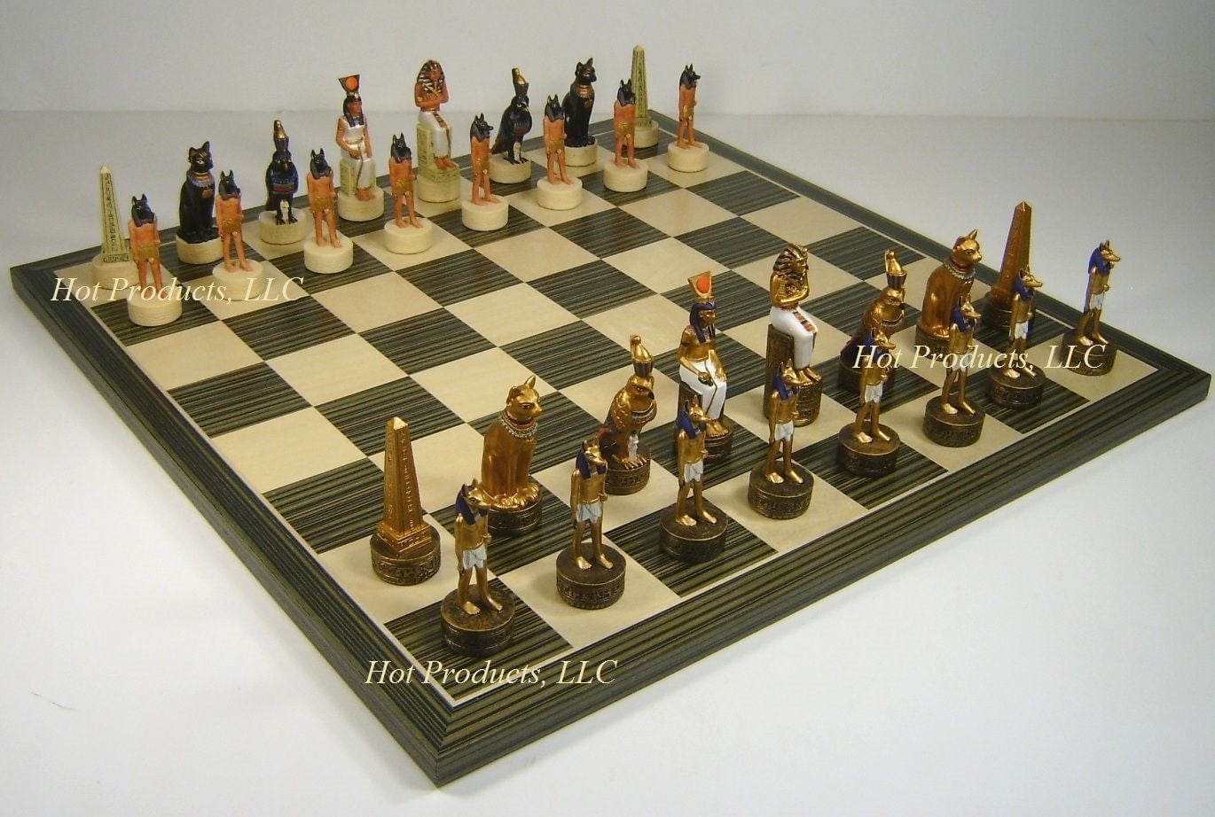Egyptian Anubis Gold & Buff Chess Set W/ 17" Ebony & Maple Wood Board ...