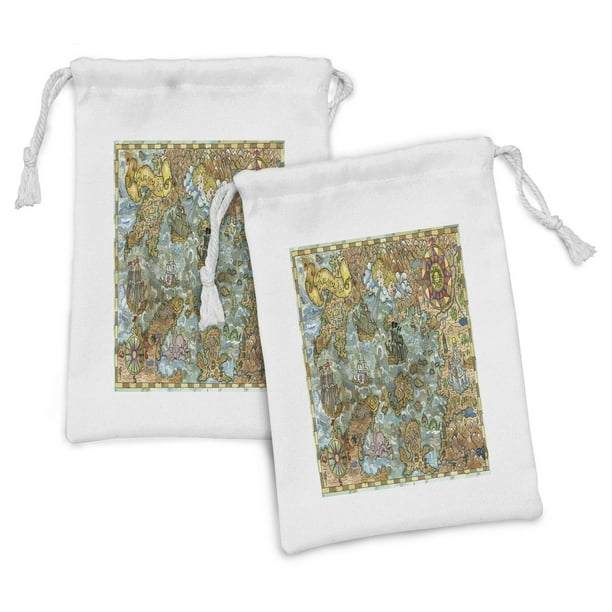 Map Fabric Pouch Set of 2, Adventurous Fantasy Land with Pirate Ships ...
