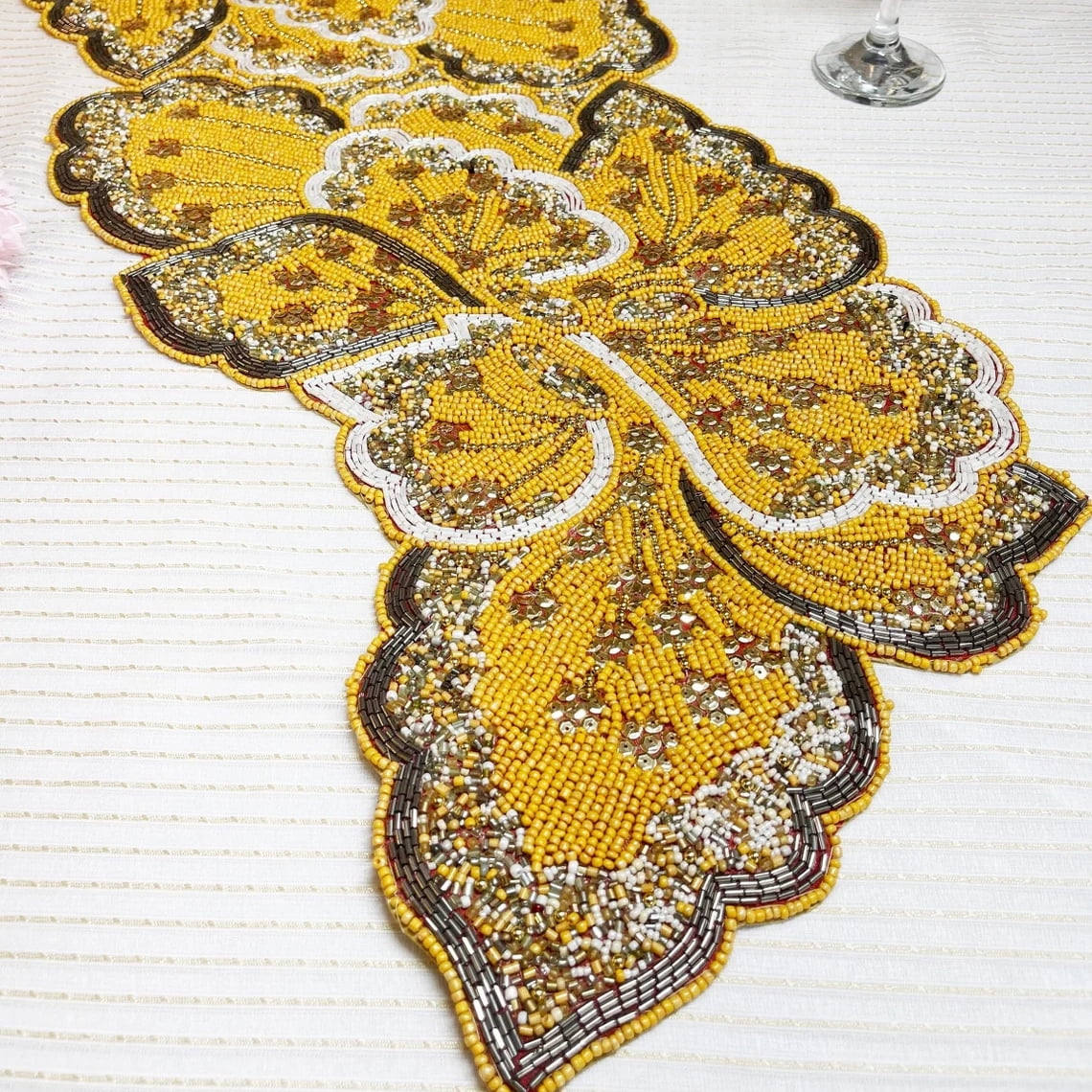 Enliven, Handmade table runner, beaded table runner, Yellow and Gold ...