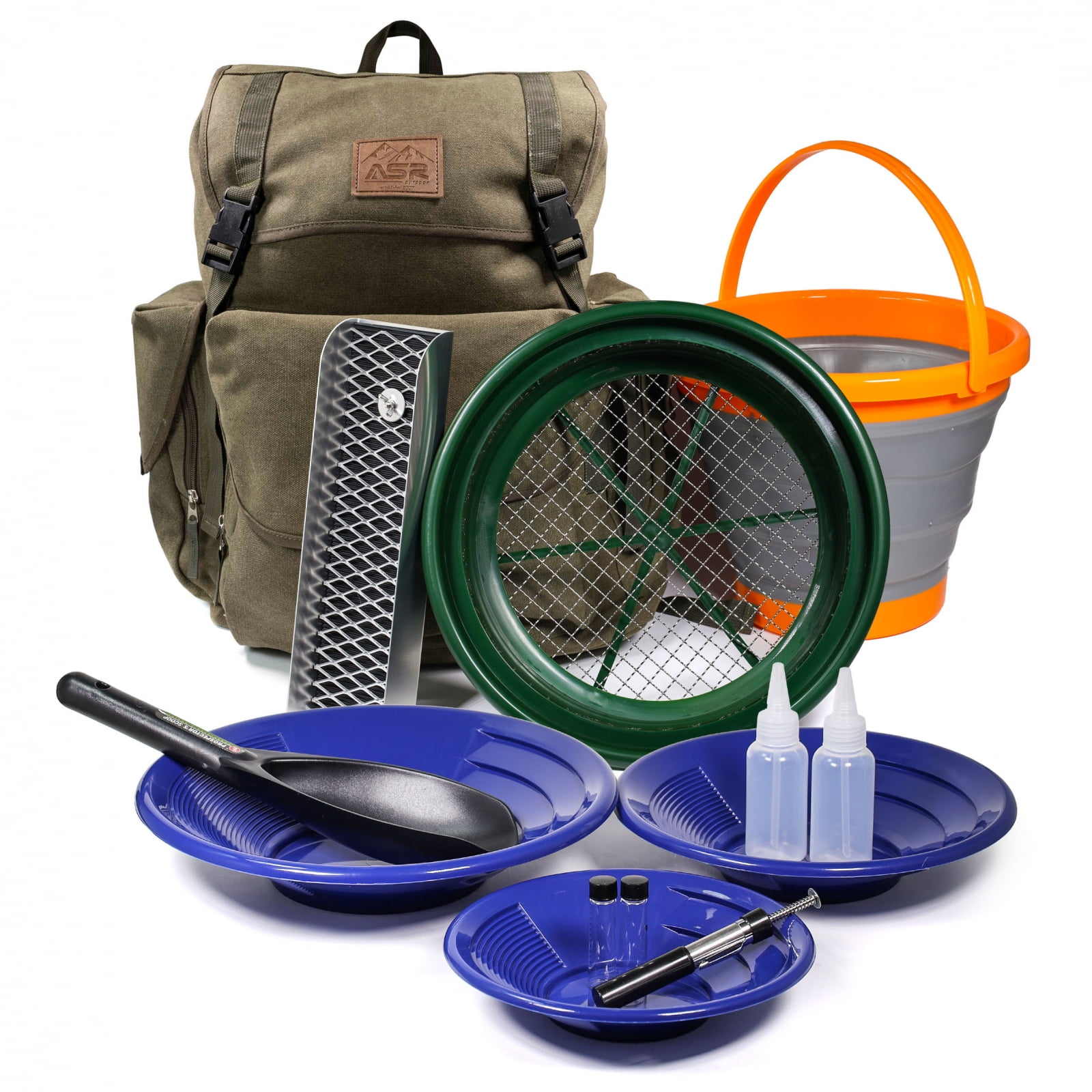 13pc ASR Outdoor Gold Panning Backpack Kit Collapsible Bucket ...