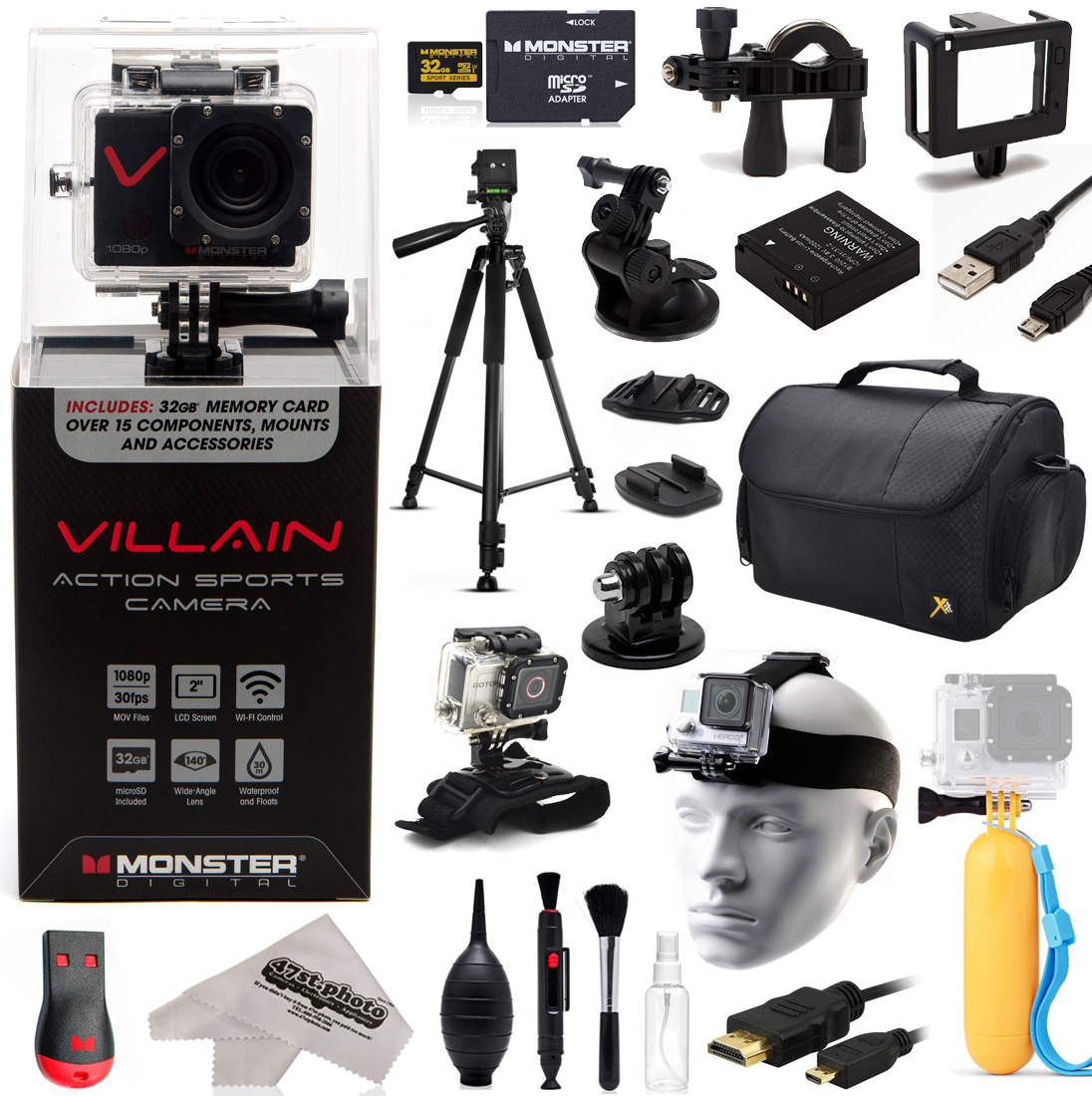 Monster Villain 1080p Action Camera with 32GB Ultra Memory + Large ...
