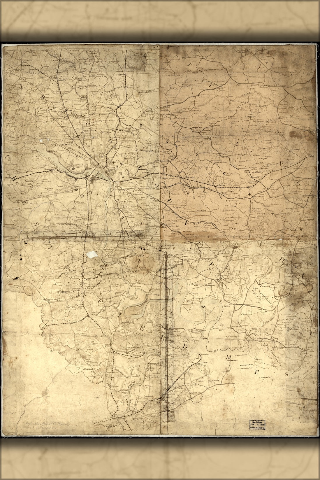 24"x36" Gallery Poster, confederate Map of Richmond virginia area 1864 ...