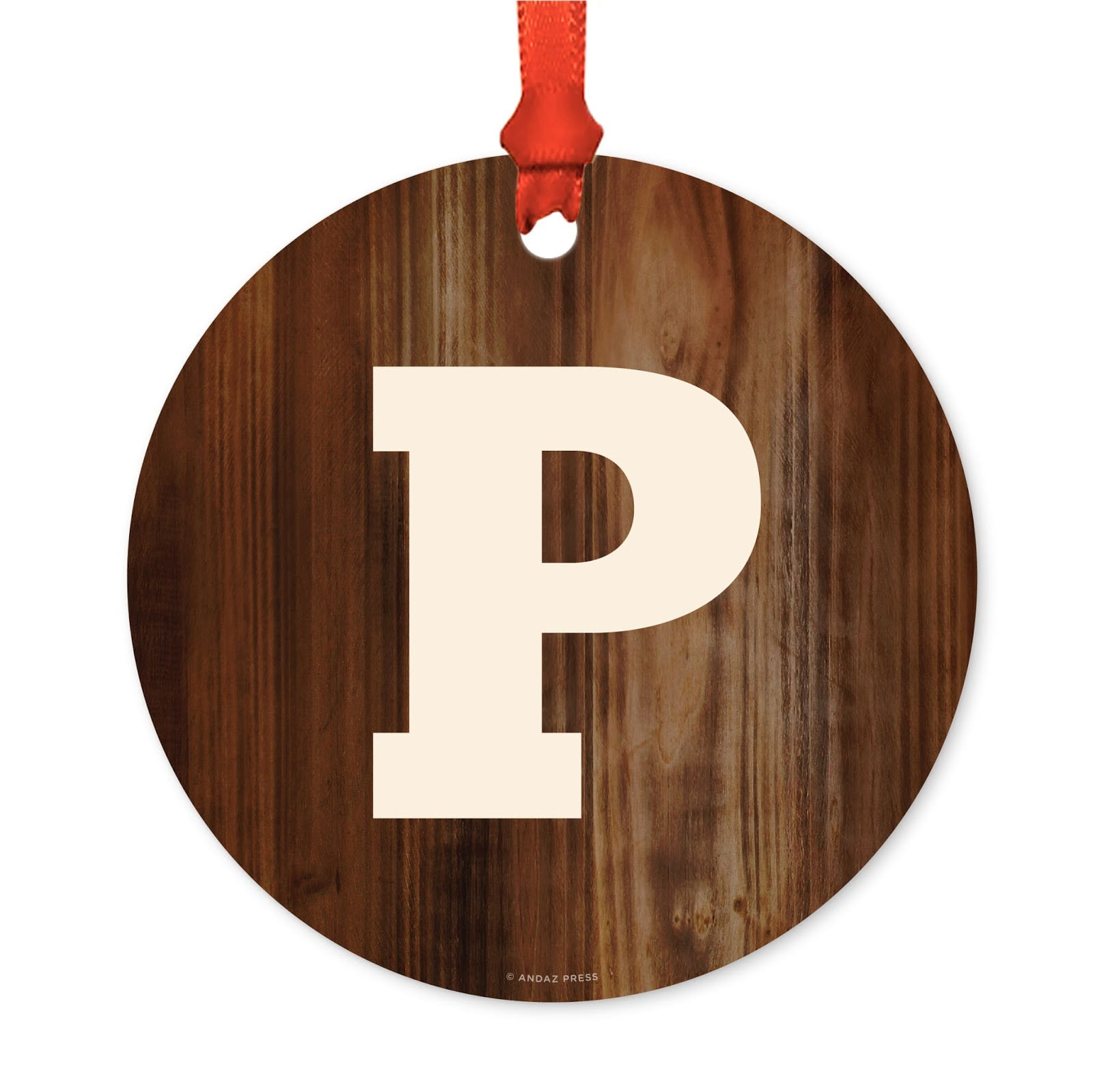 Metal Christmas Ornament, Monogram Letter P, Rustic Wood, Includes ...