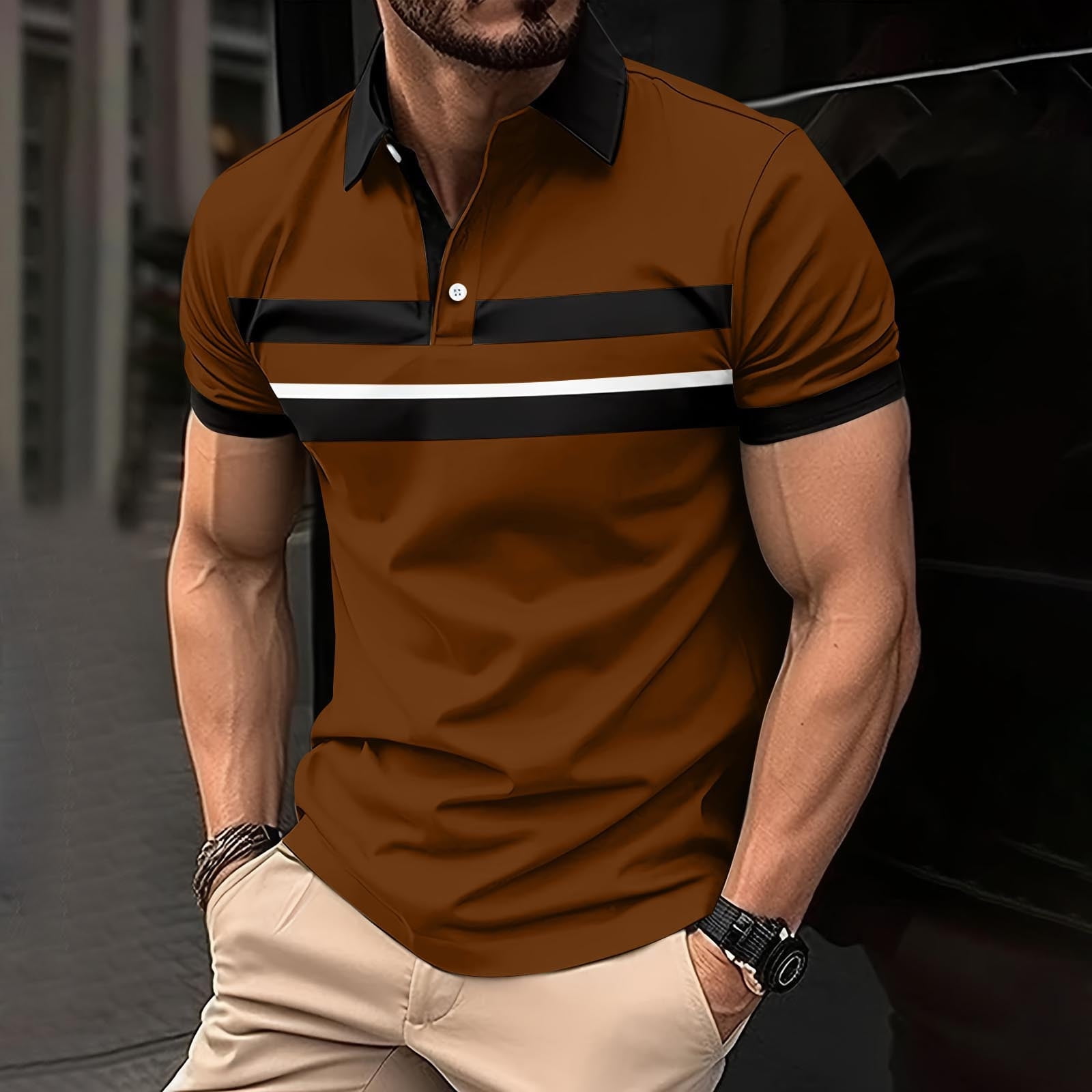 Playera Elvqul para Hombre Playa Marrón Liso Manga Larga Abotonada con ...