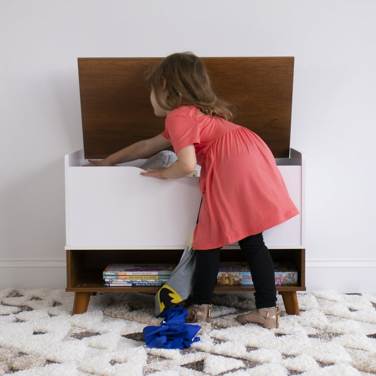 Humble Crew Morgan Mid Century Kids Toy Chest with Soft Close Lid and Storage Shelf Wood White