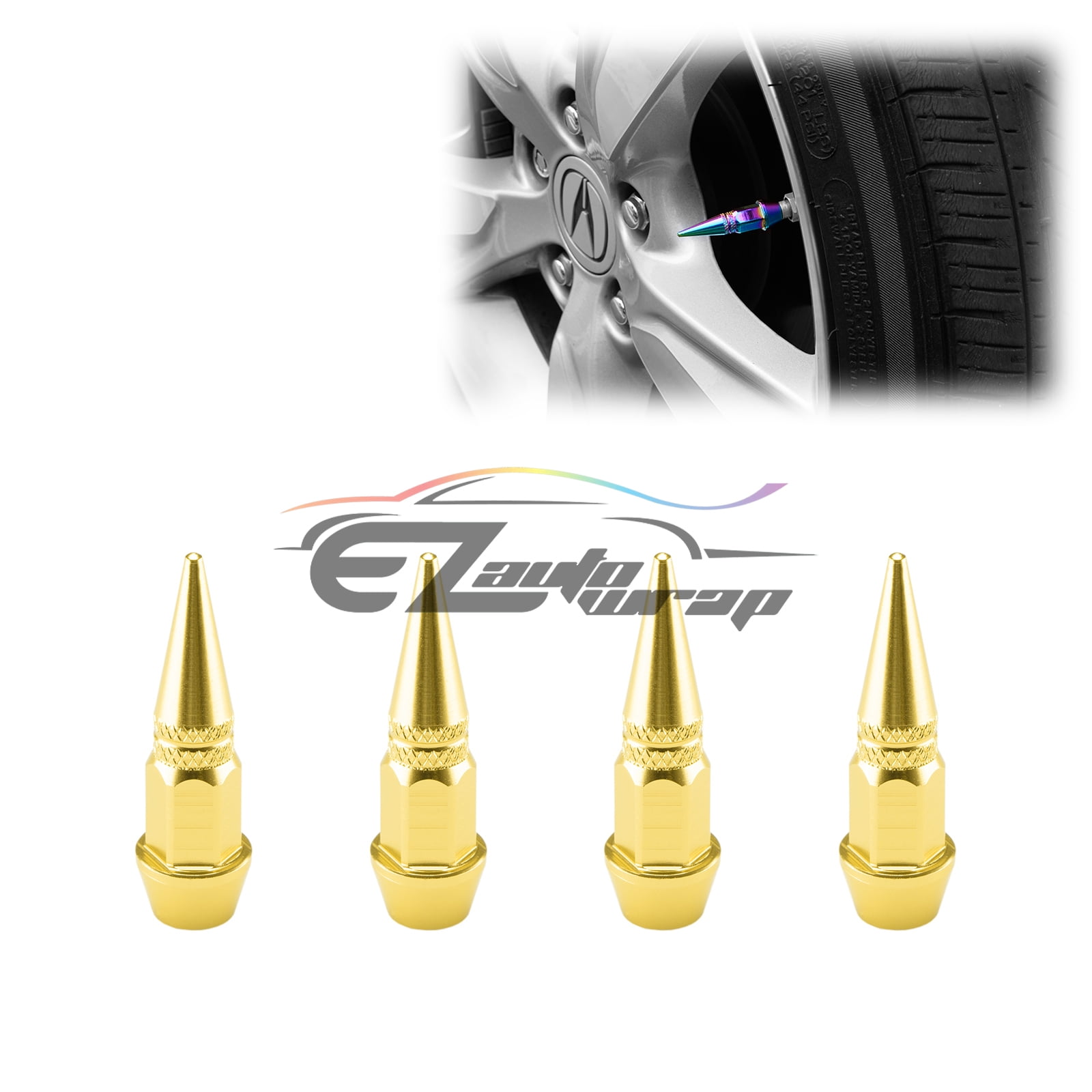4PCs Gold Long Spike Wheel Rims Tire Valve Stem Caps Aluminum Thread ...