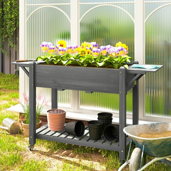 Wood Raised Planter Box, Elevated Garden Bed with Lockable Wheels, Side ...