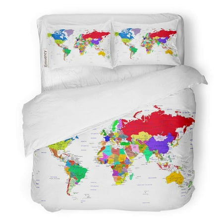 POGLIP 3 Piece Bedding Set World Map Countries The Names of and Cities ...