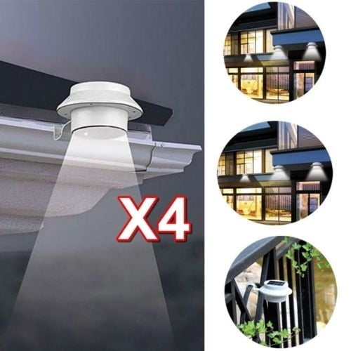4-Pack Solar Powered White Gutter Light 3 LED Bracket Path Fence Wall ...