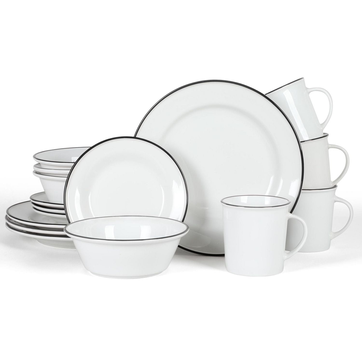 Martha Stewart Cliffield 16 Piece Dinnerware Set, Black Rim, White ...