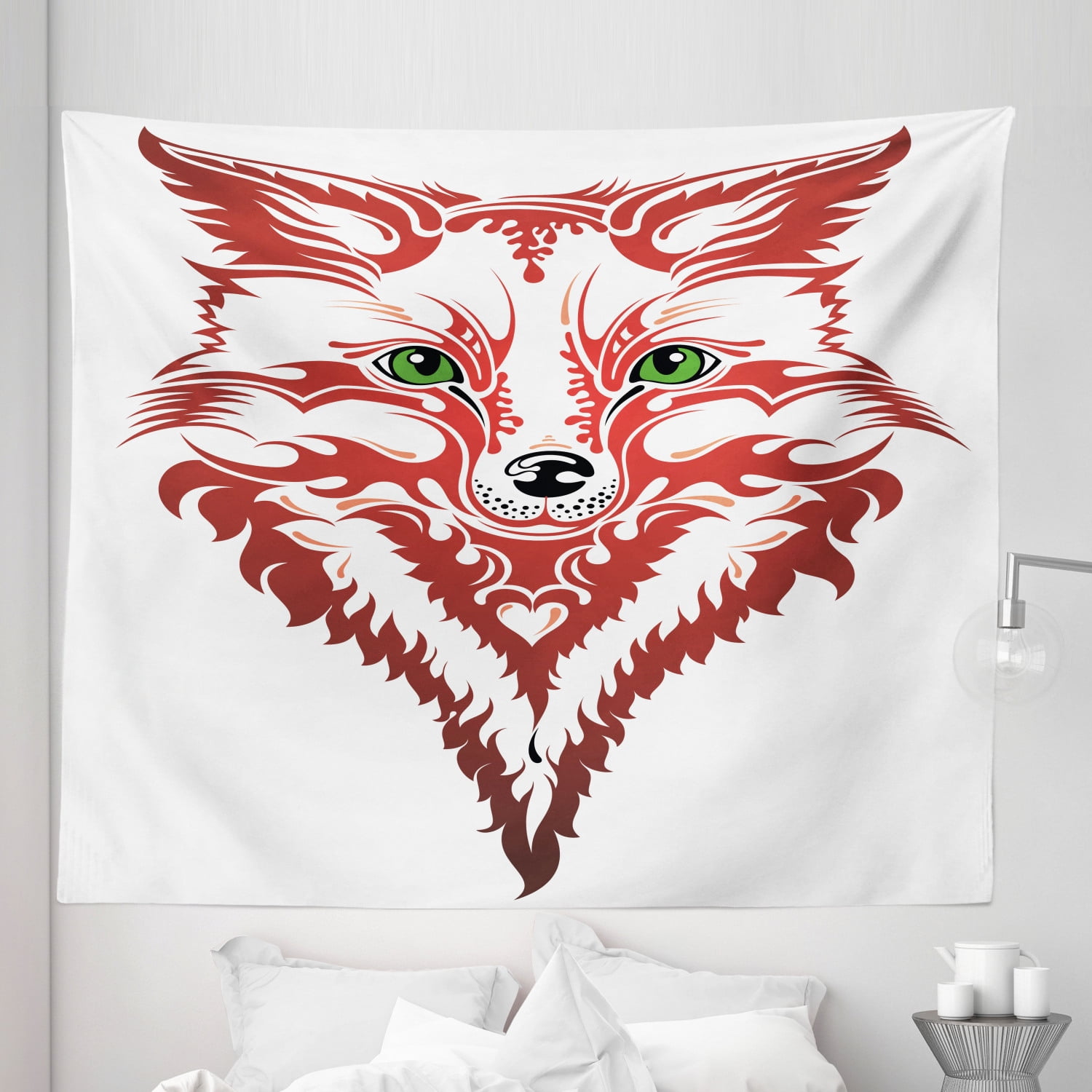 Fox Tapestry, Patterned Portrait of Fox Sharp Green Eyes Wavy Curvy ...