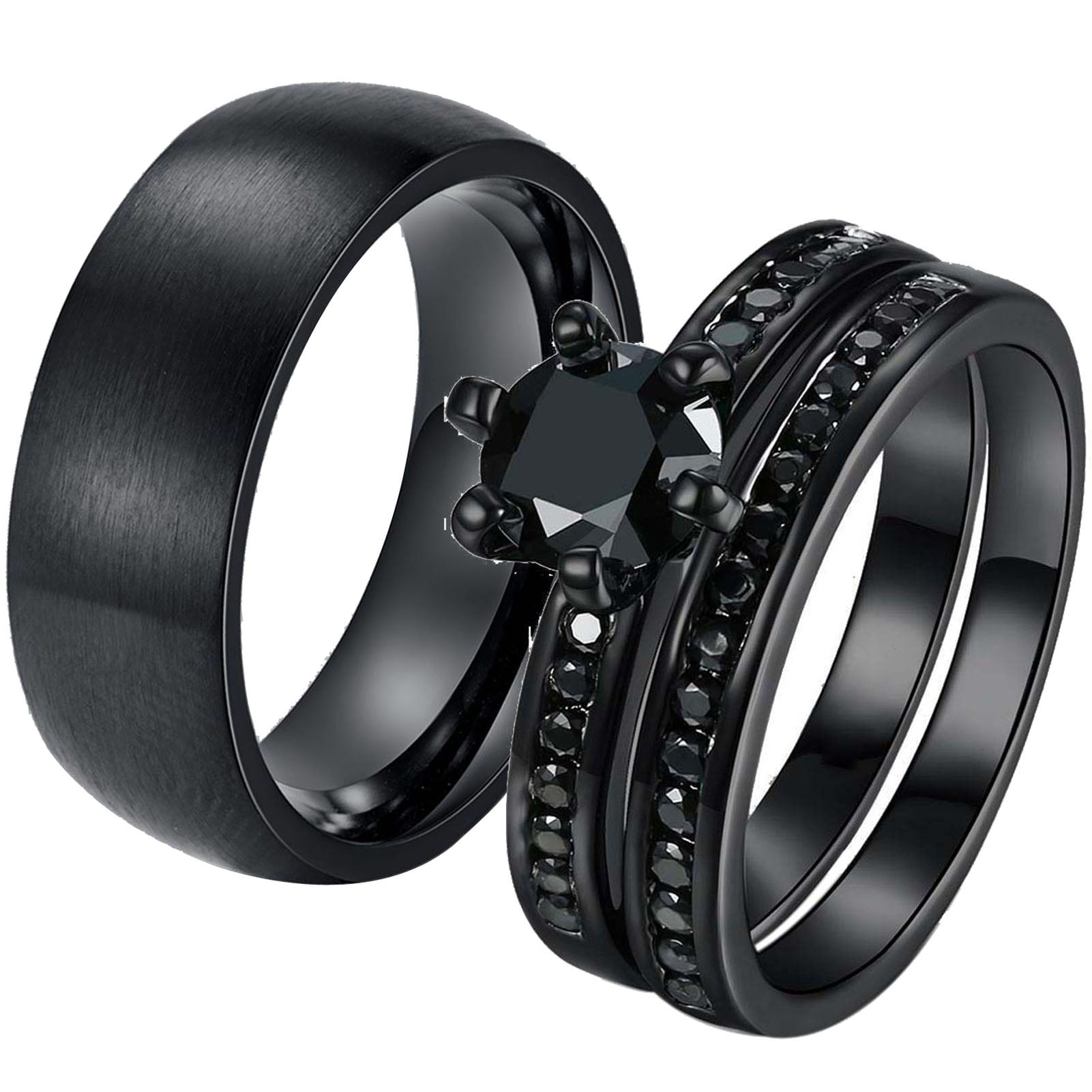 2 Matching Rings Couple Ring Black Gold Plated 1CT CZ Women Wedding ...