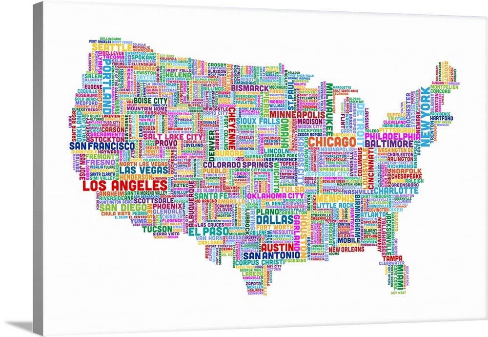 Great BIG Canvas | "United States Cities Text Map, Multicolor on White ...