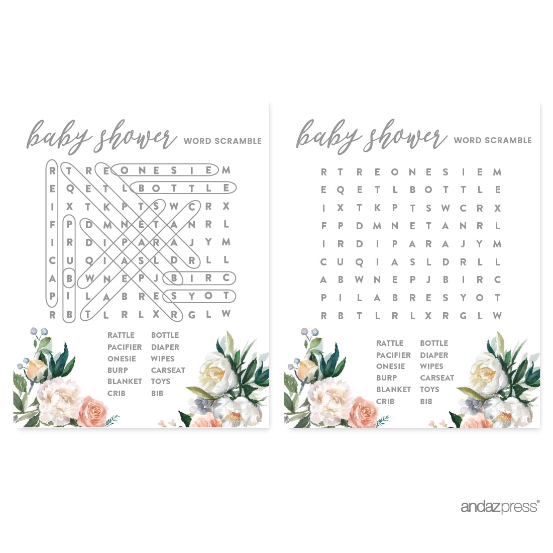 Peach Coral Floral Garden, Word Search Baby Shower Game Cards, 20-Pack ...