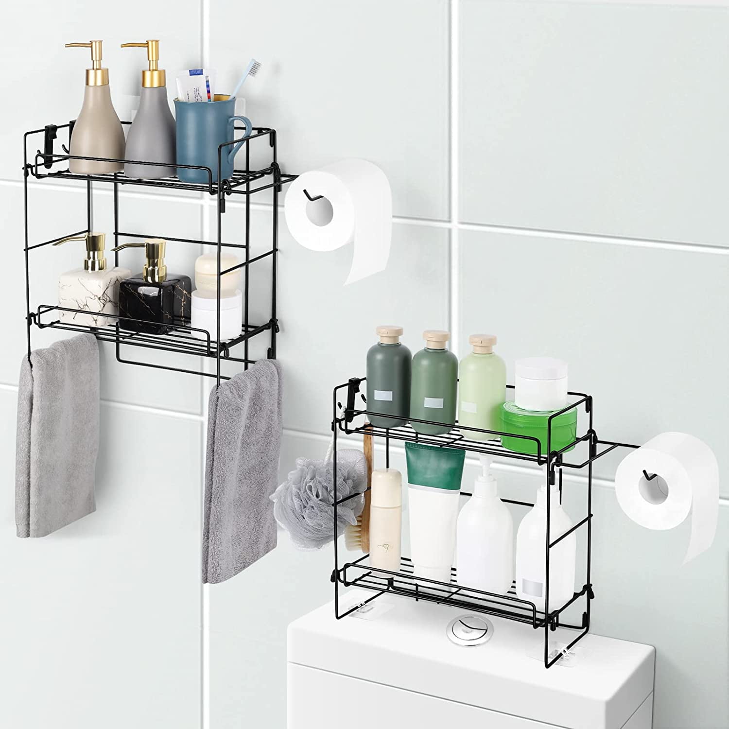 Over The Toilet 2-Tier Storage Shelf Organizer Metal Basket with Paper ...