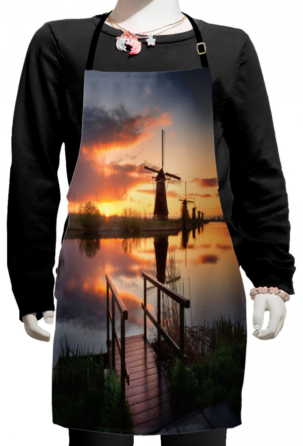 Nature Kids Apron, Landscape with Traditional Famous Dutch Windmills on ...