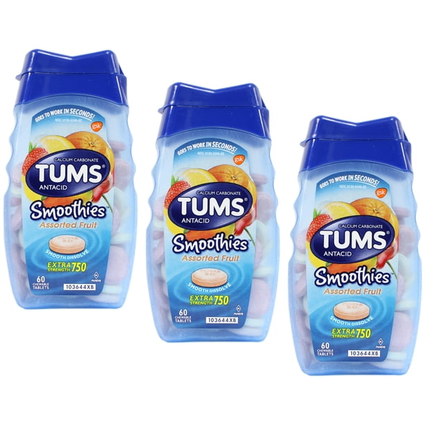 3 Pack - TUMS Smoothies Antacid/Calcium Supplement, Assorted Fruit, 60 ...