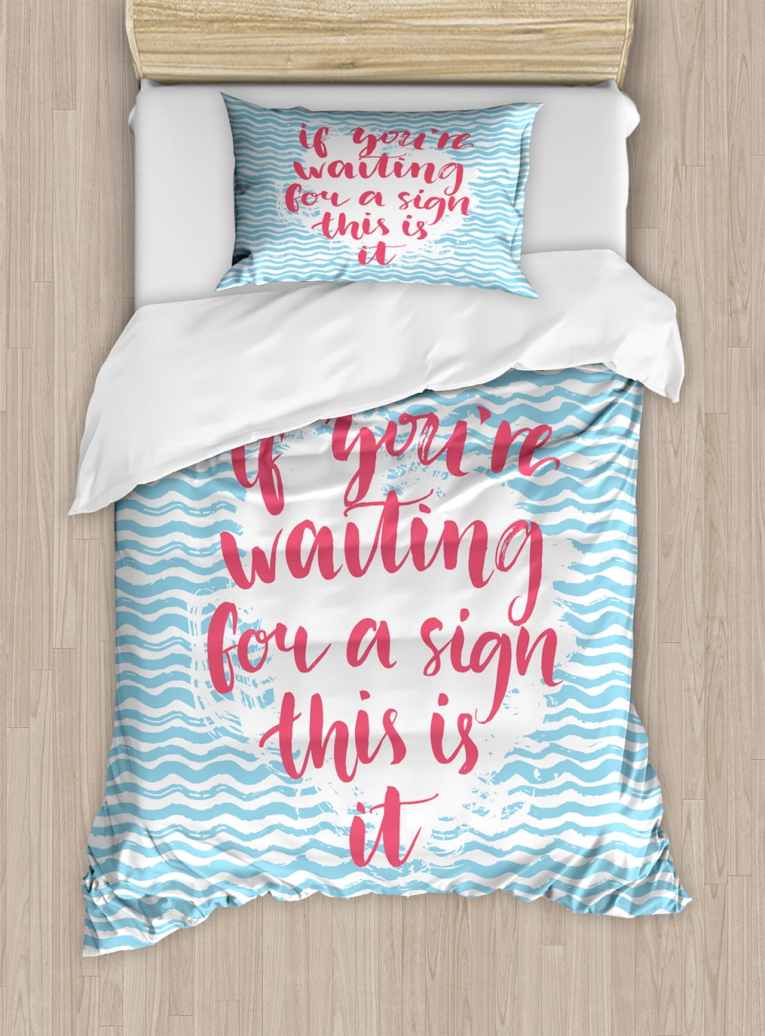 Motivational Twin Size Duvet Cover Set, Brush Calligraphy on Blue Waves ...