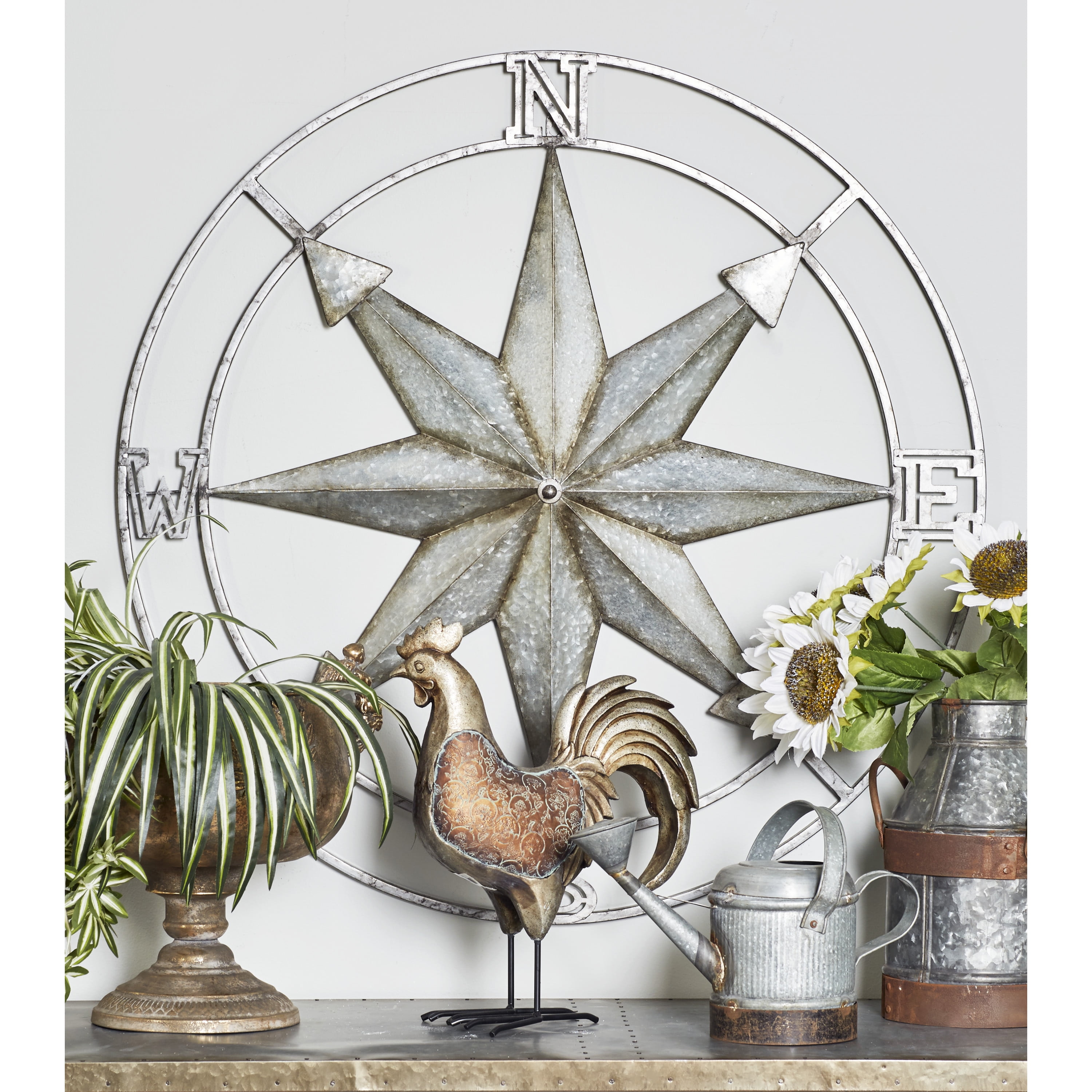 DecMode Silver Metal Compass Wall Decor with Distressed Copper Like ...