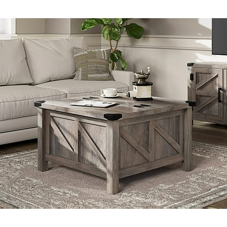 TOONM Grey Wash Coffee Table, Farmhouse Square Wood Center Table with ...