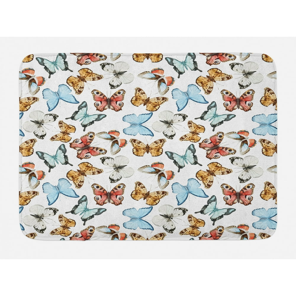 Butterfly Bath Mat, Various Colorful Butterflies Watercolor Style Wild ...