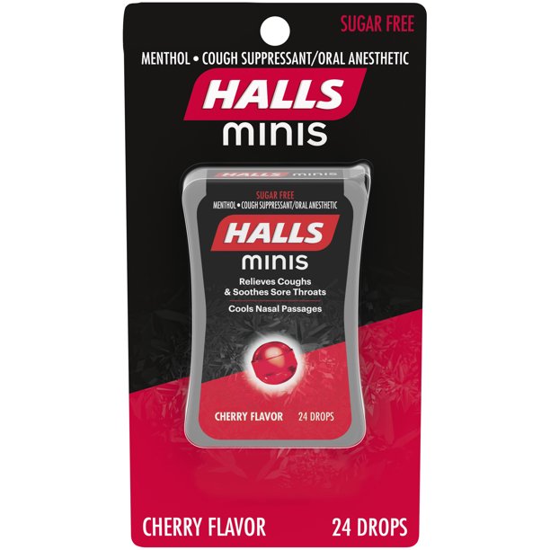 HALLS Minis Cherry Flavor Sugar Free Cough Drops, 24 Drops - Walmart.com
