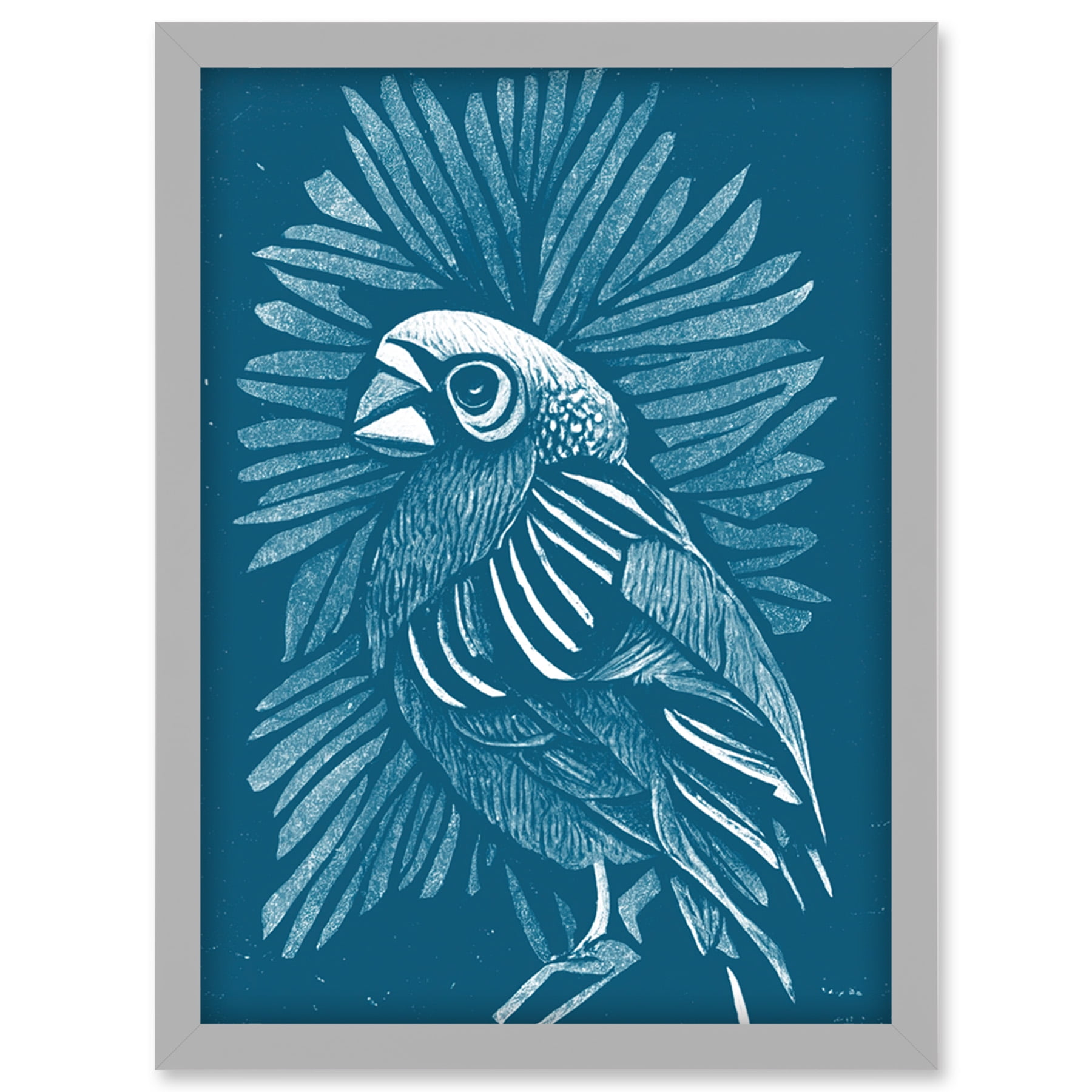 Linocut Bird Geometric Illustration On Aegean Blue Paper Artwork Framed ...