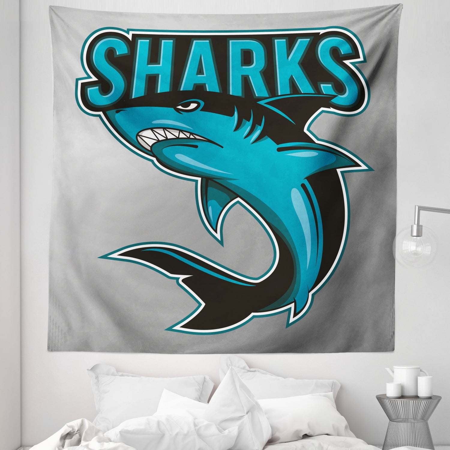 Shark Tapestry, Angry Danger Fish Fins Aggressive Sea Creature Monster ...